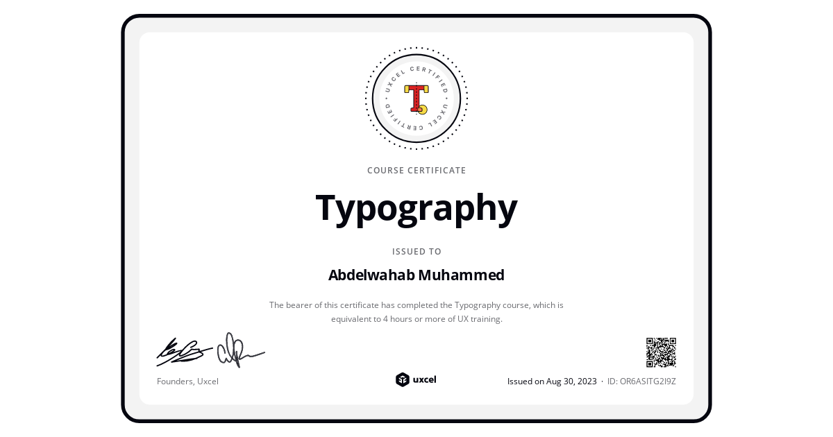 Certificate of completion for Typography | Uxcel